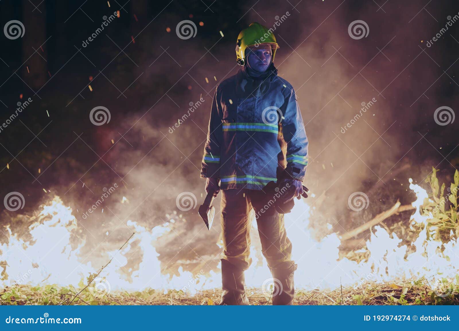 Firefighter Portrait Wearing Full Equipment, Oxygen Mask, And Power ...