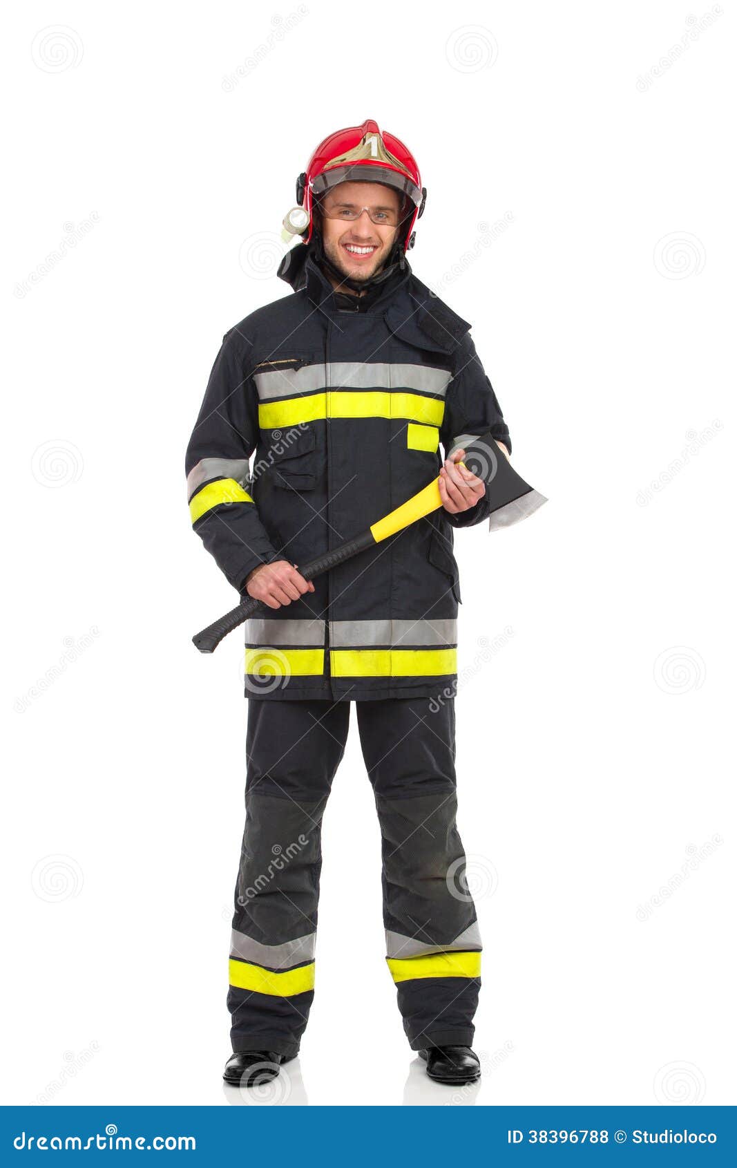 Firefighter Posing with Axe. Front View. Stock Photo - Image of ...