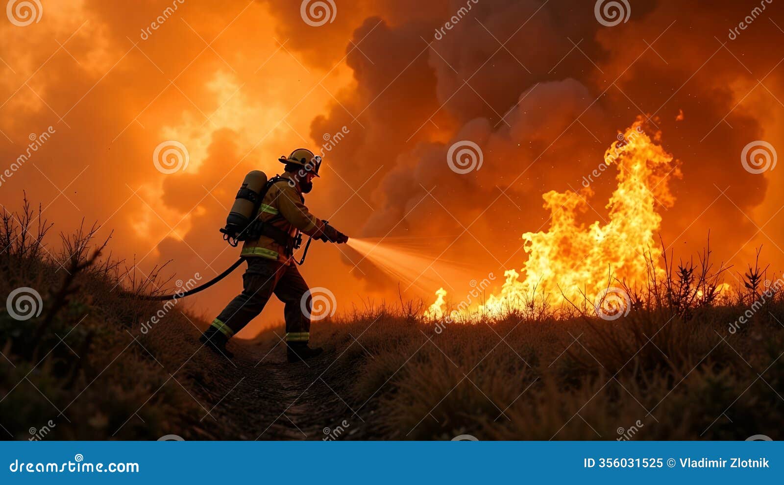 Firefighter in Protective Suit with Fire Hose in Hands Extinguishes ...