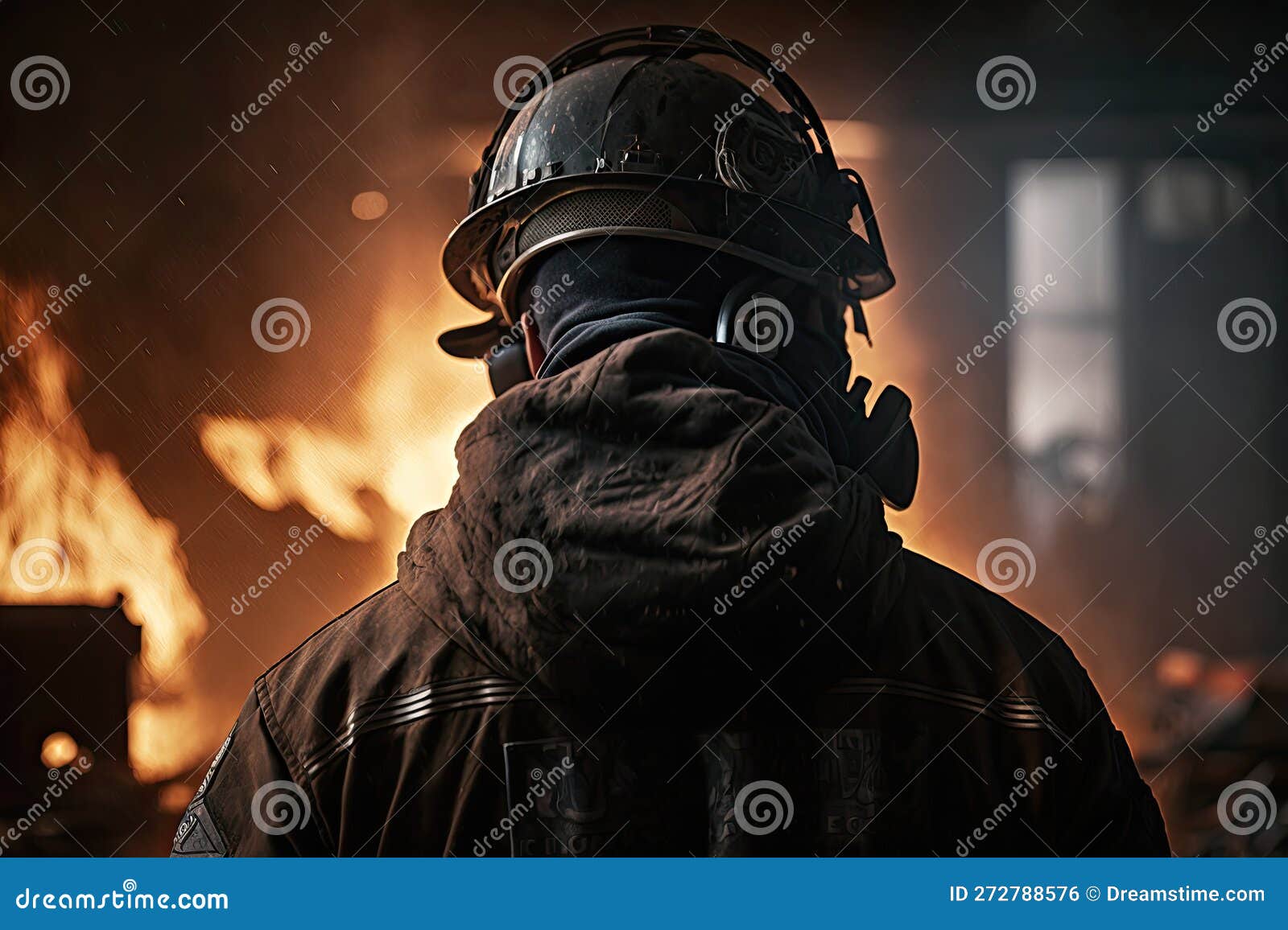 Firefighter in Protective Uniform Standing in Front of Burning Building ...