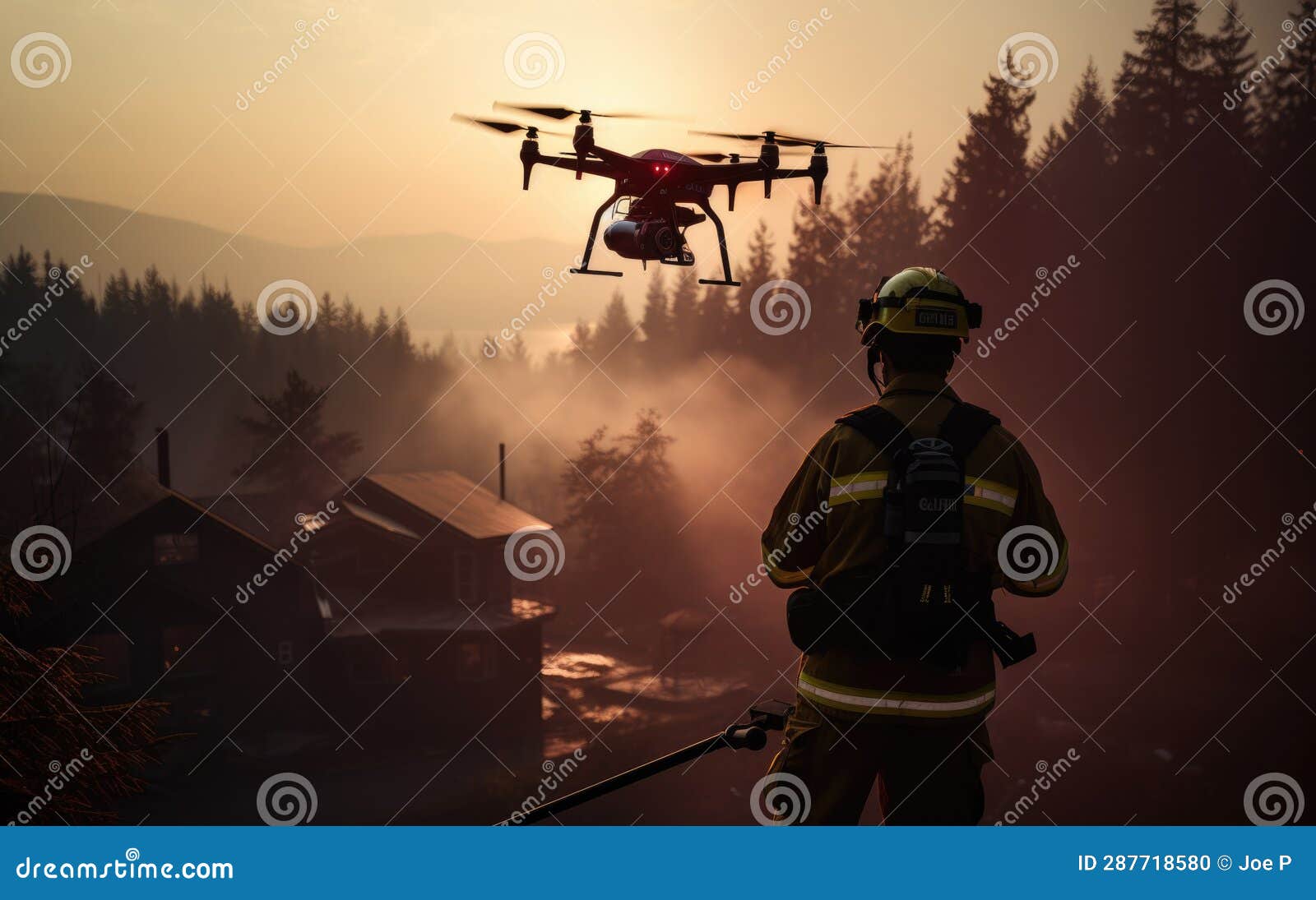 Firefighter Remotely Piloting a Search and Rescue Drone Near a Wildfire ...