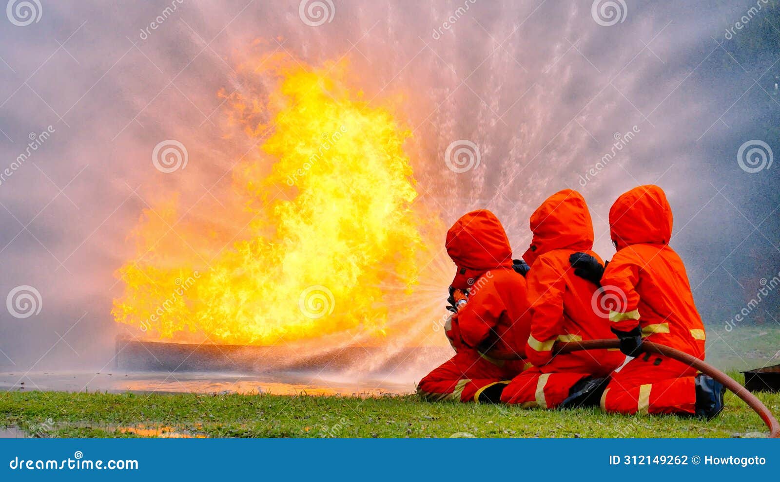 Firefighter Rescue Team Training in Fire Fighting Extinguisher ...