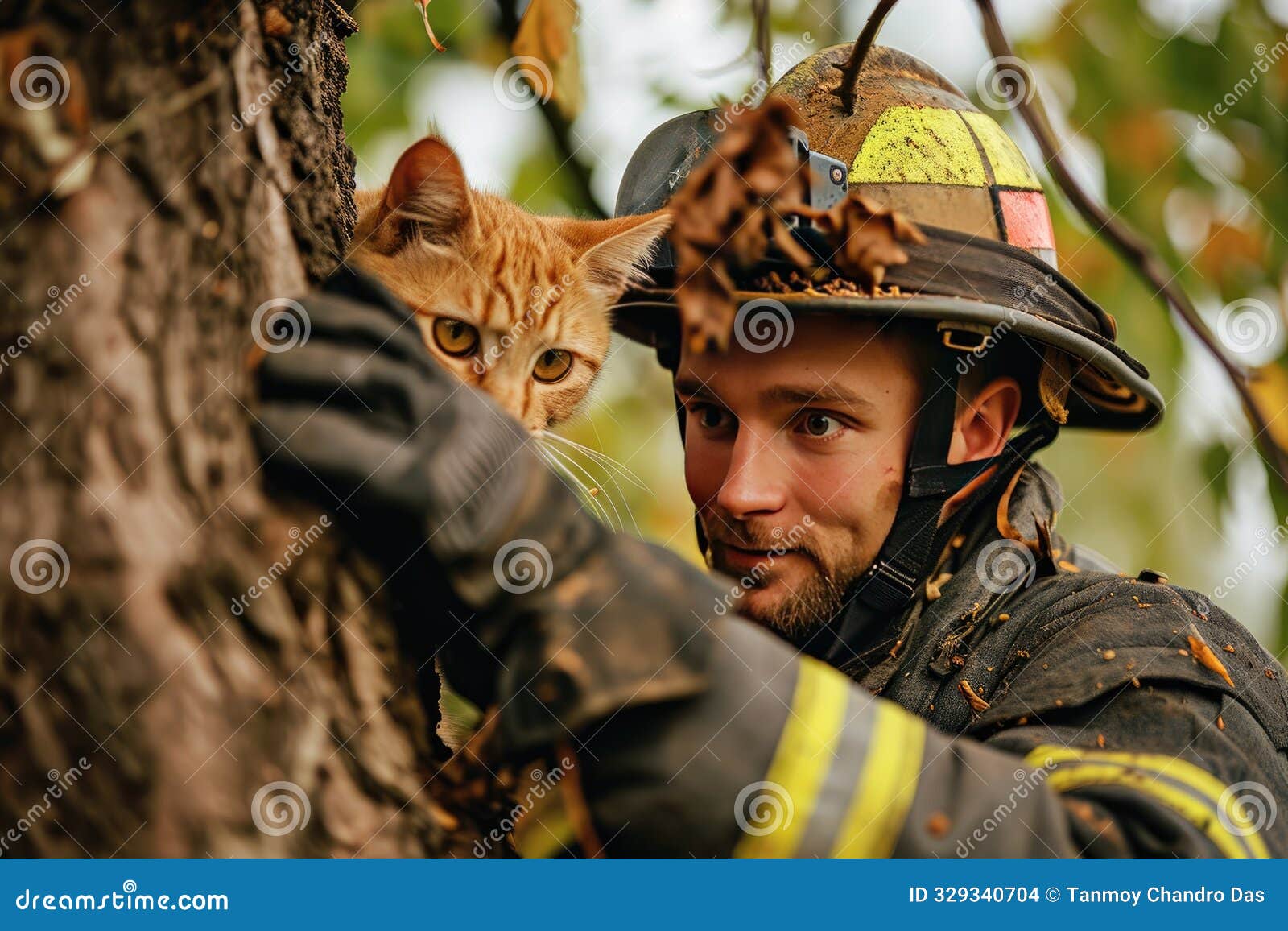 A Firefighter Saving a Cat from a Tree, AI Generated Stock Illustration ...