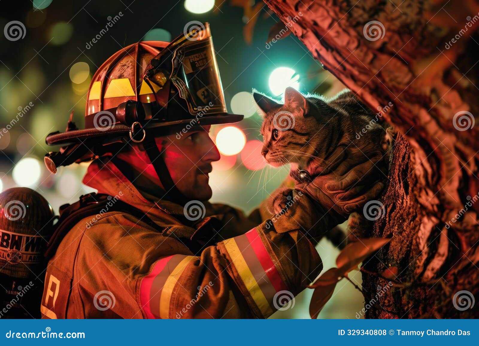 A Firefighter Saving a Cat from a Tree, AI Generated Stock Illustration ...