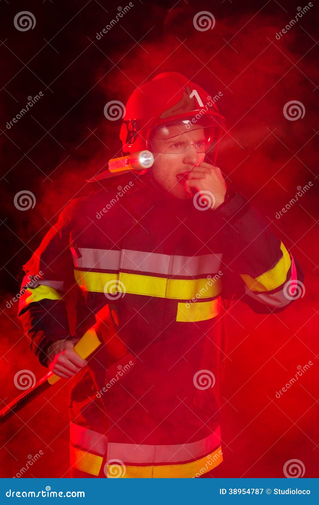 Firefighter Shouting in Red Smoke. Stock Image - Image of away, advice ...