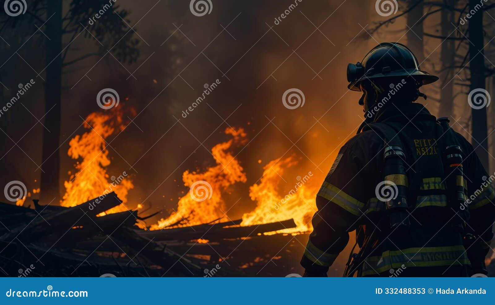 Firefighter Silhouette Amidst Huge Flames, Fighting a Timber Fire Stock ...