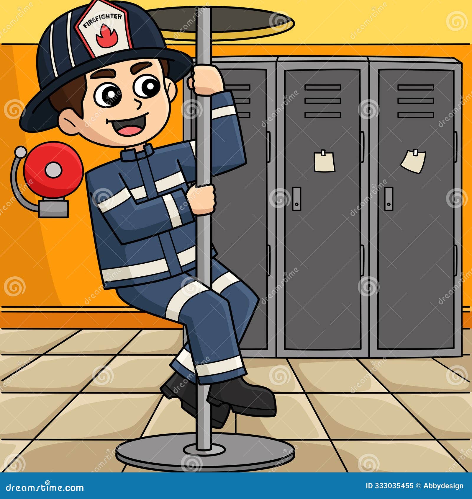 Fireman Sliding Down Pole On Brick Wall Background Vector Illustration ...
