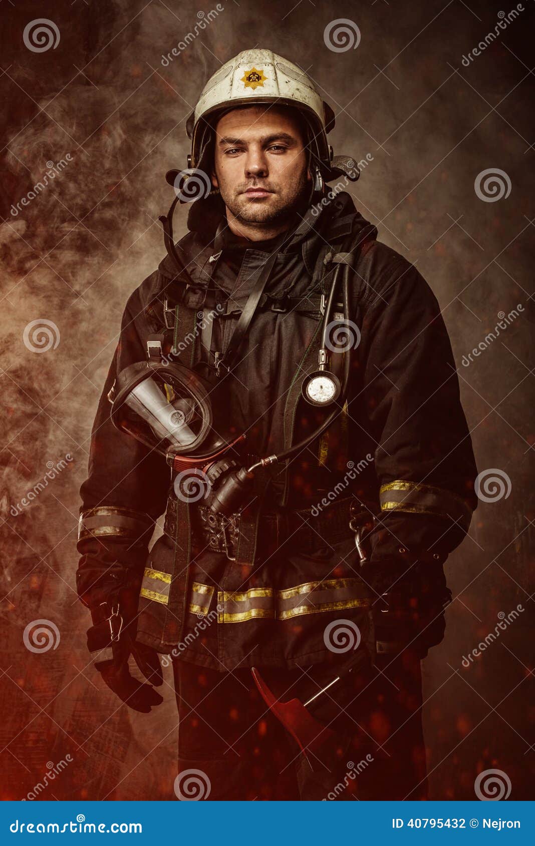 Firefighter in a smoke stock photo. Image of fire, people - 40795432