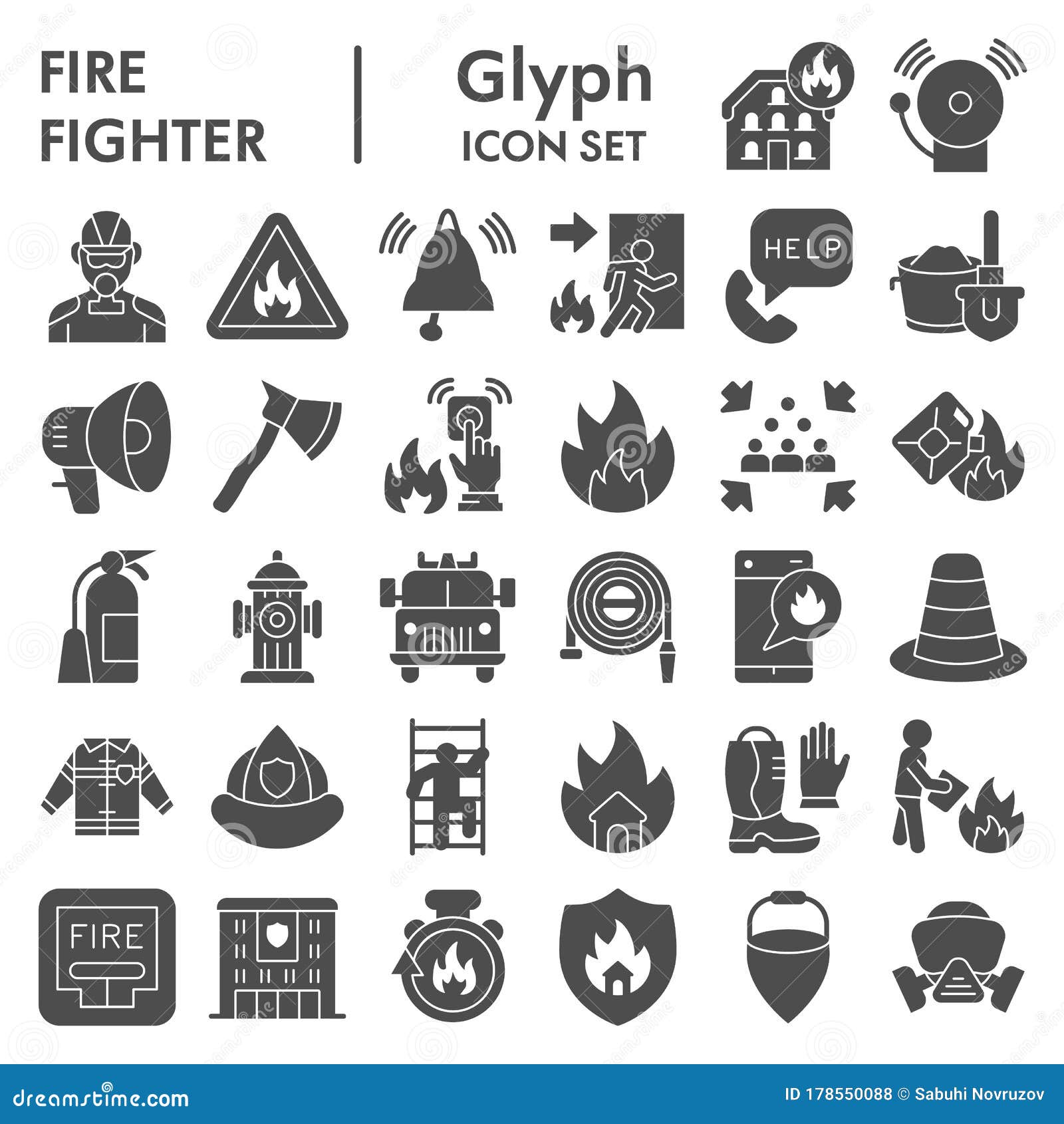 Firefighter Solid Icon Set, Fire Safety Symbols Set Collection or ...