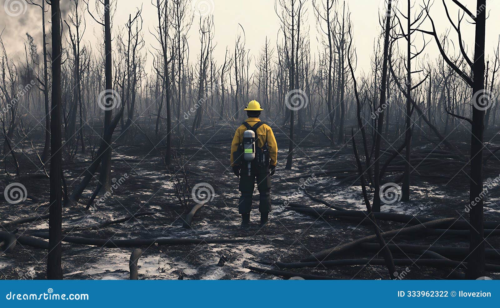 A Firefighter Standing in a Field of Burnt Trees, Surveying the Damage ...