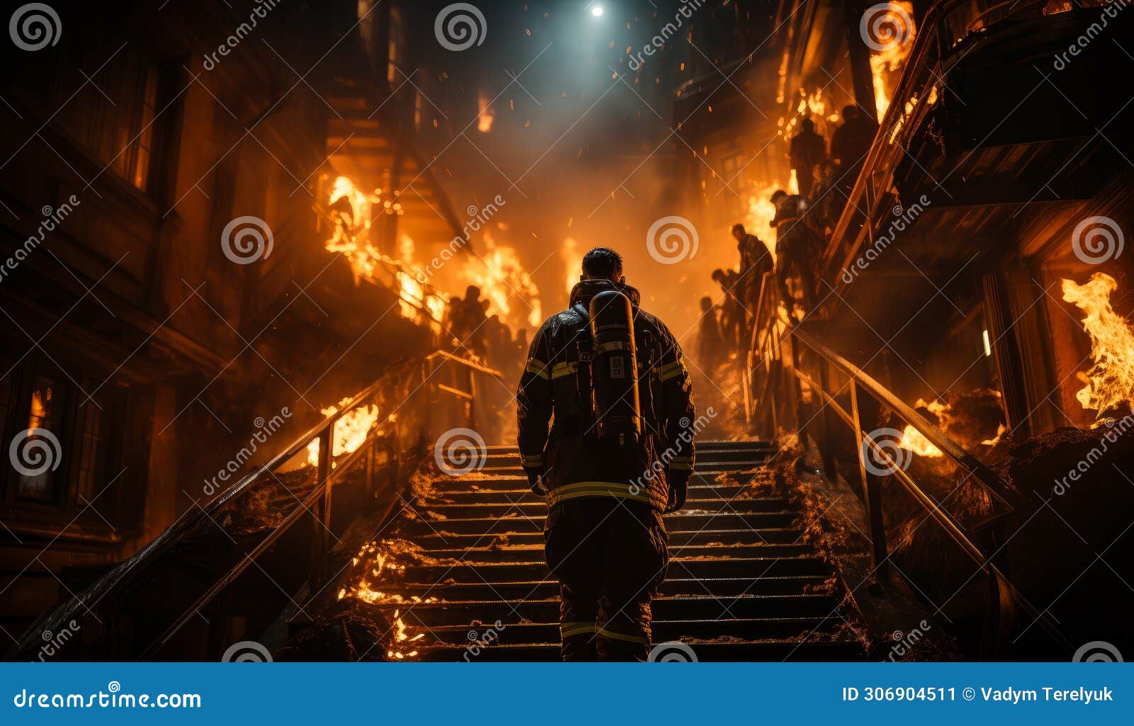 Firefighter Standing on Flames. a Firefighter Walking Down a Flight of ...