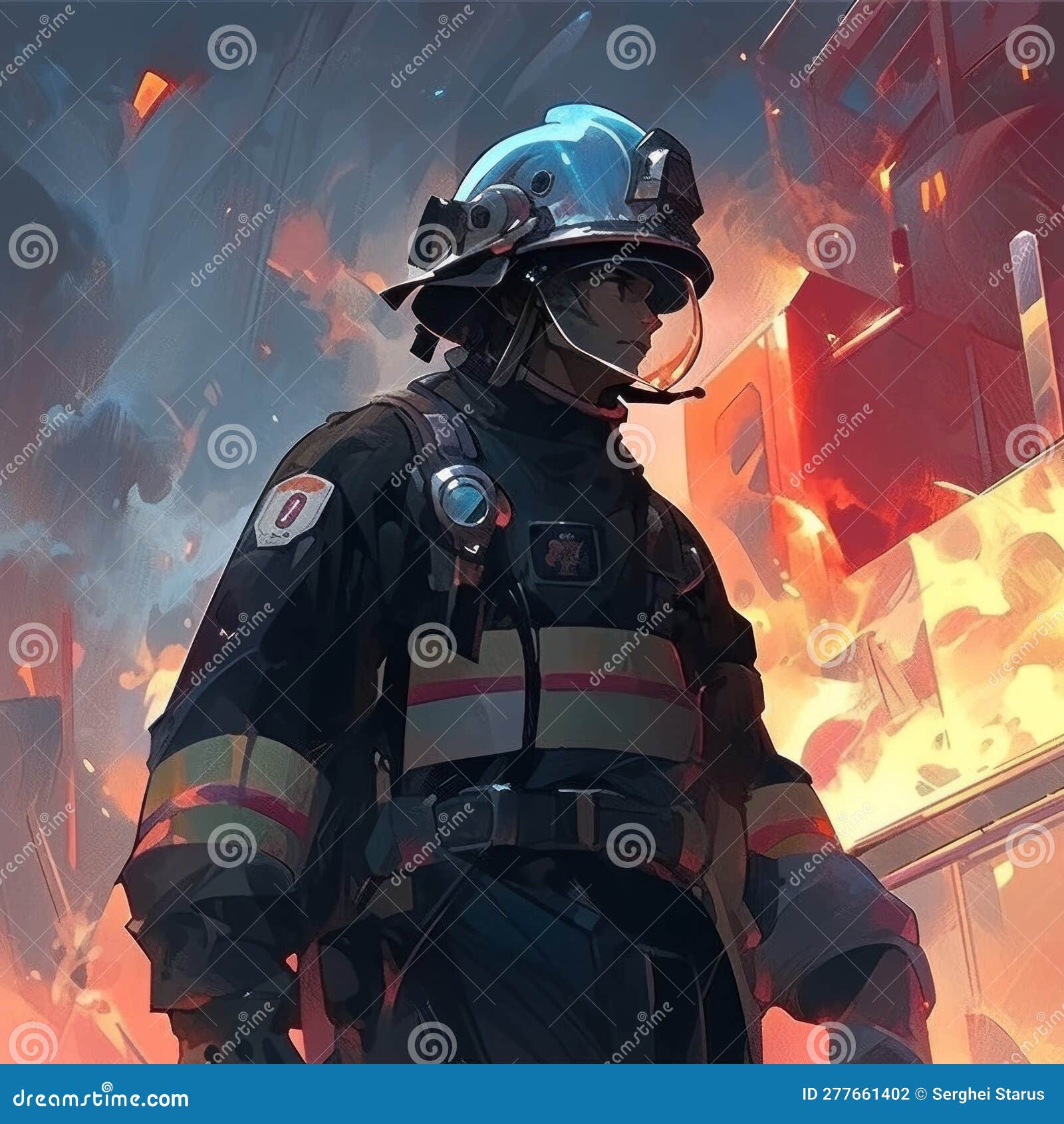 A Firefighter Standing in Front of a Burning Building. Generative AI ...