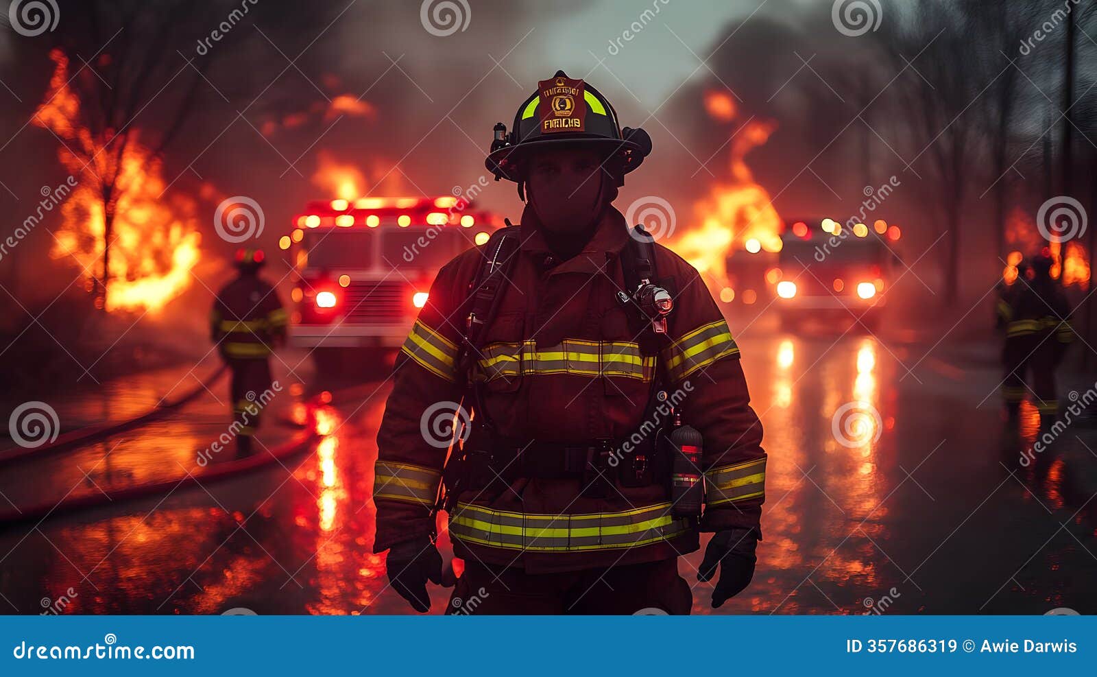 Firefighter Standing in Front of a Burning Building - Realistic Image ...