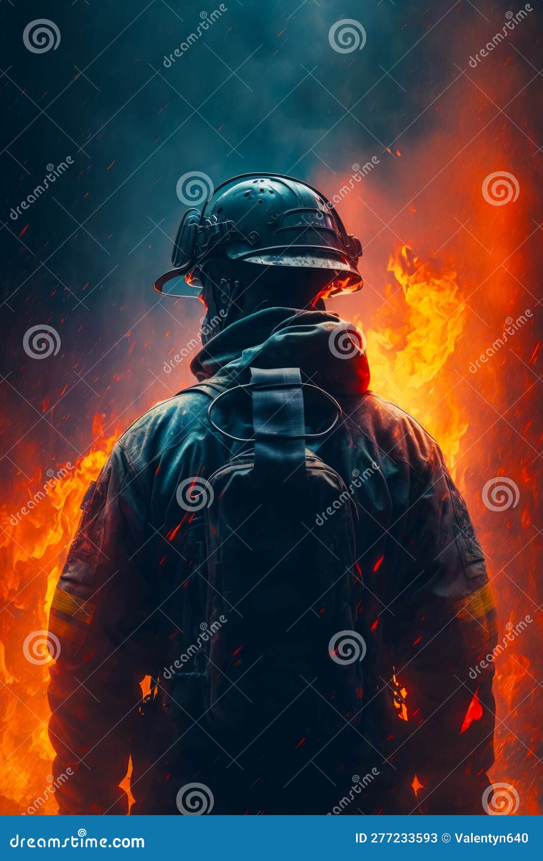 Firefighter Back View And Burning Forest Fire On The Background Stock ...