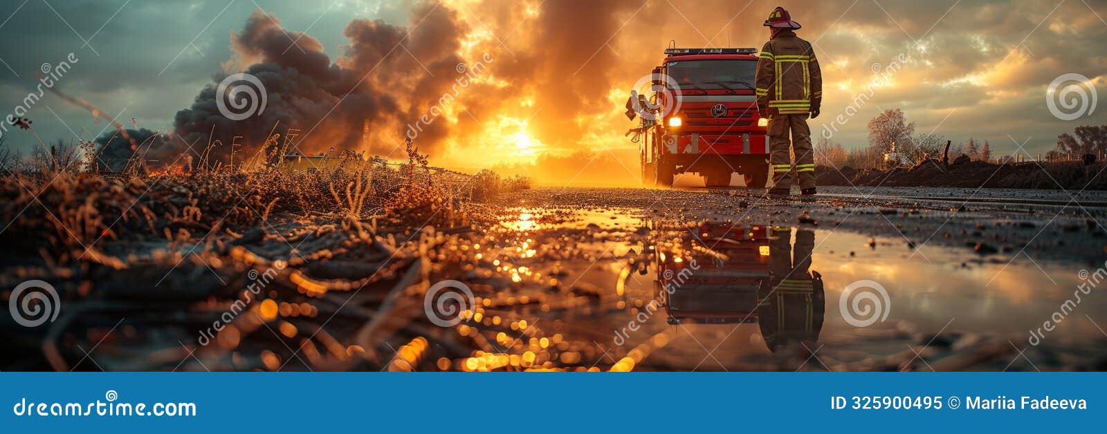Firefighter Standing in Front of Firetruck with Smoke and Flames at ...