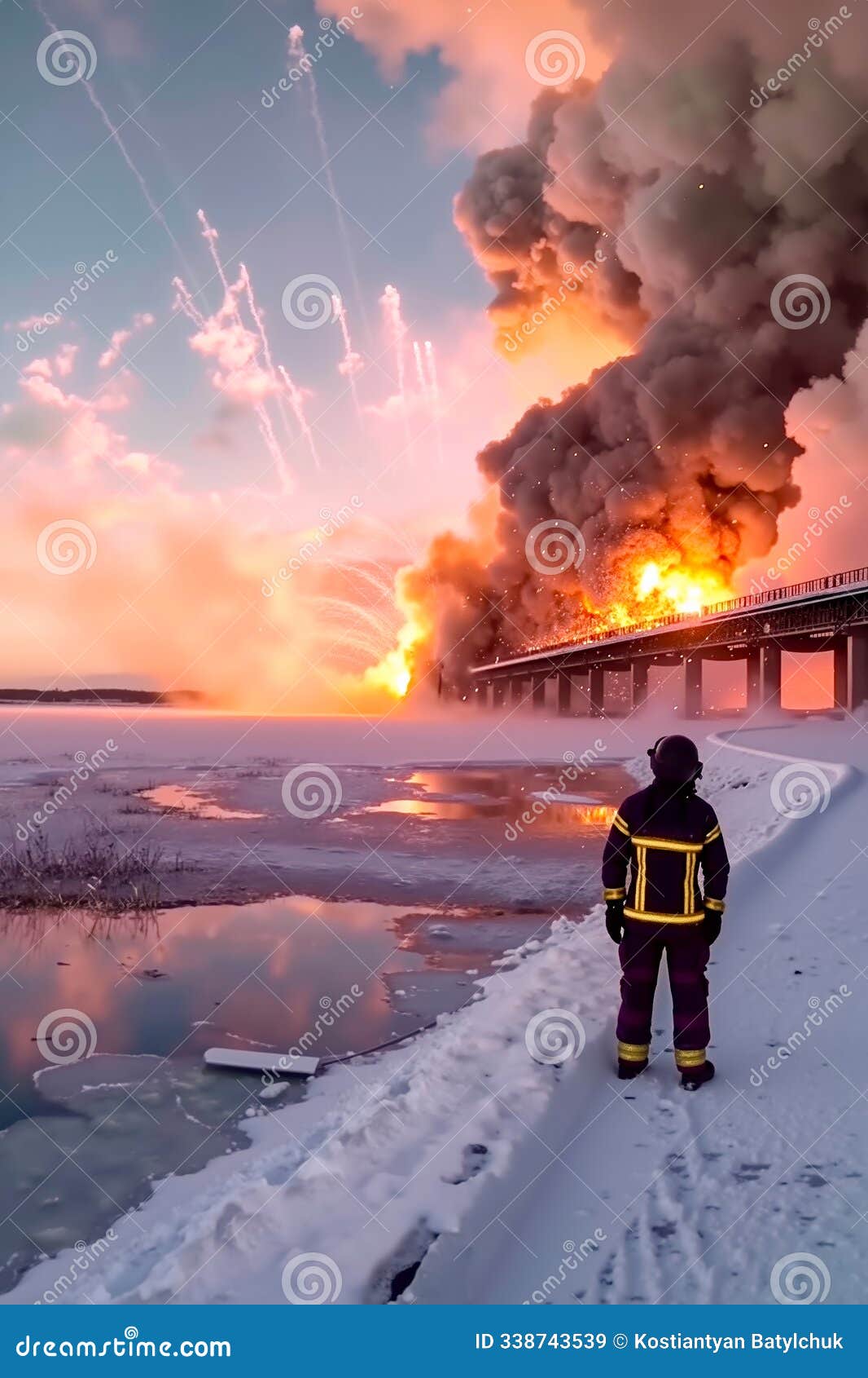 A Firefighter Standing in Front of a Large Fire on a Bridge Stock Image ...