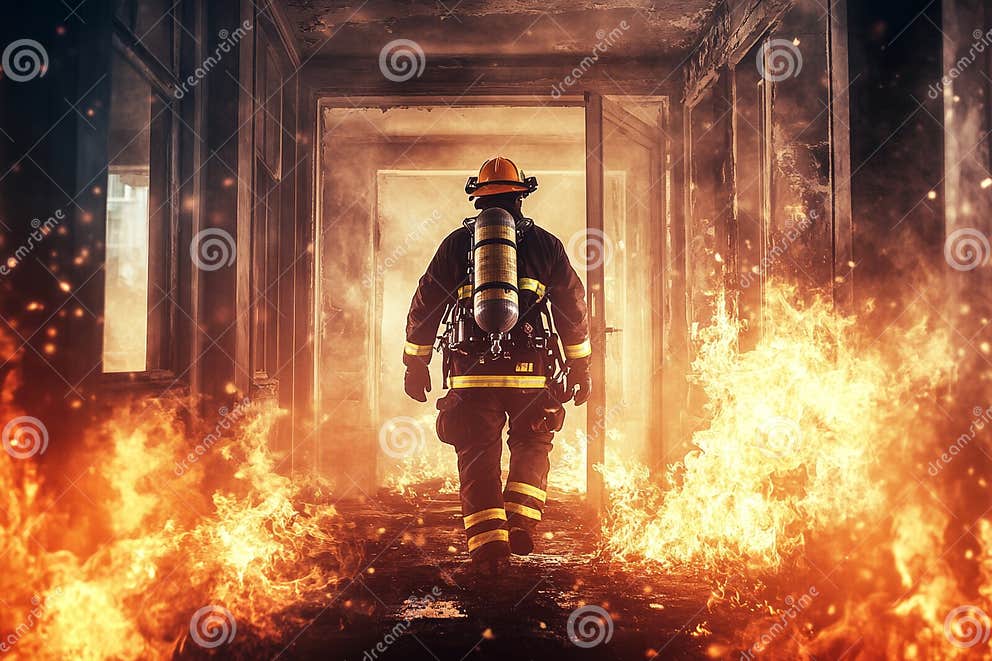 A Firefighter Steps into a Blazing Building, Facing Intense Flames ...