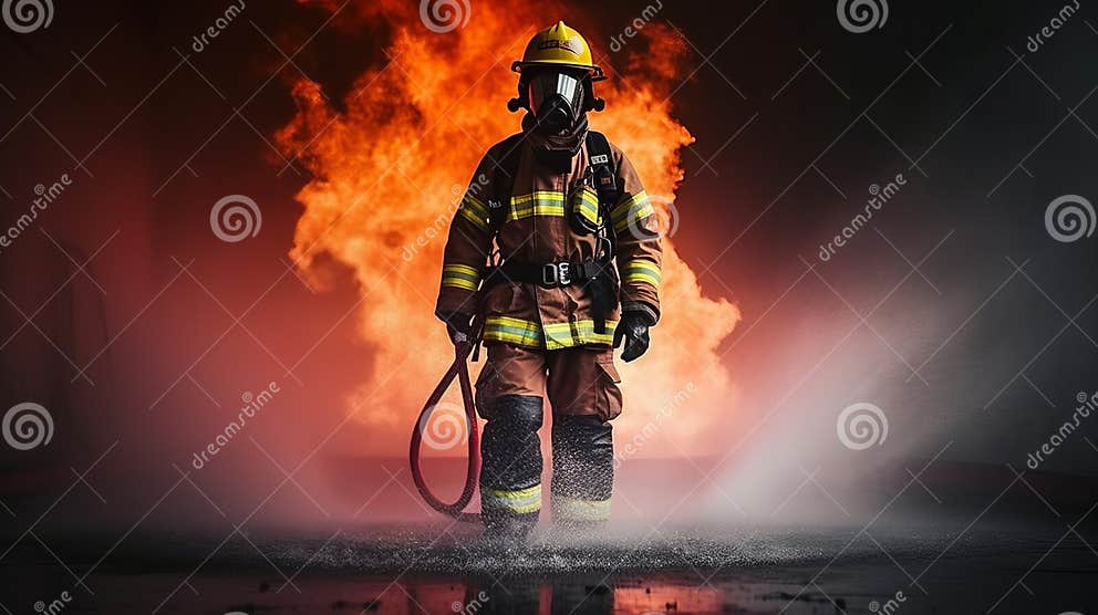 Firefighter Training., Fireman Using Water and Extinguisher To Fighting ...