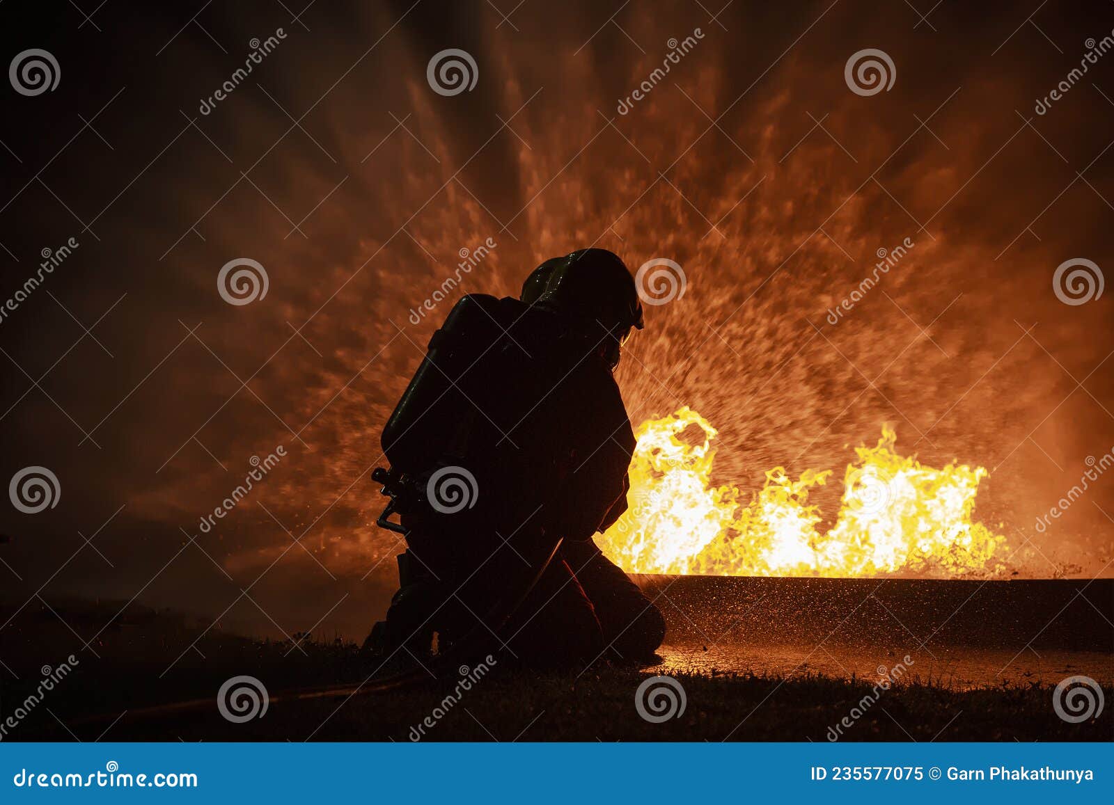 Firefighter Training, Fireman Using Water and Extinguisher To Fighting ...