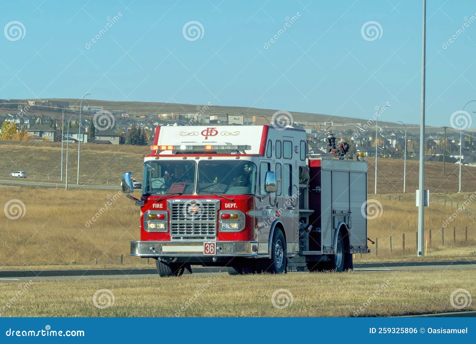 A Firefighter Truck Responding an Emergency Call during the Fall ...
