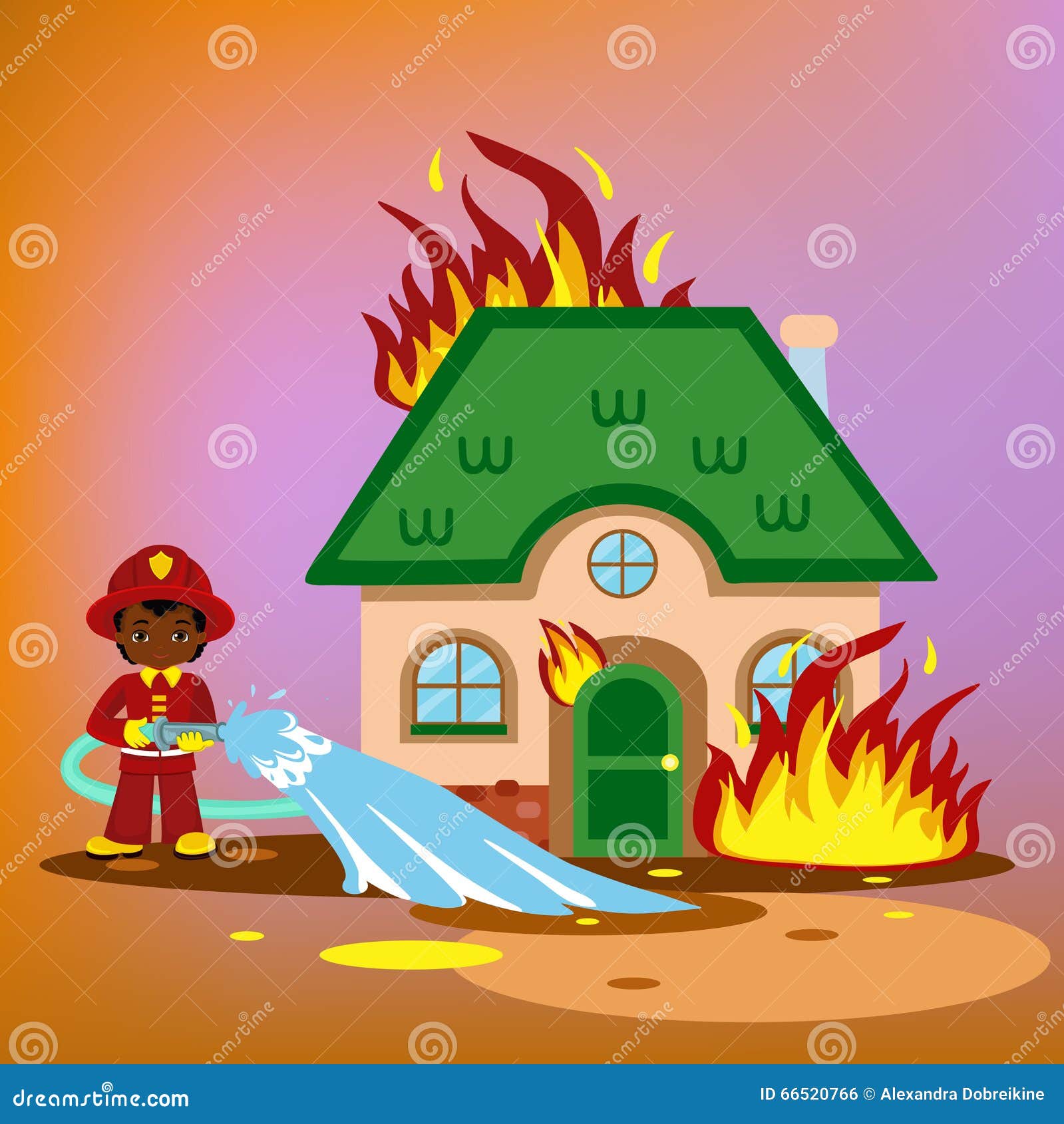 Firefighter Trying To Put Out Fire Vector Outdoor Illustration. Fire ...