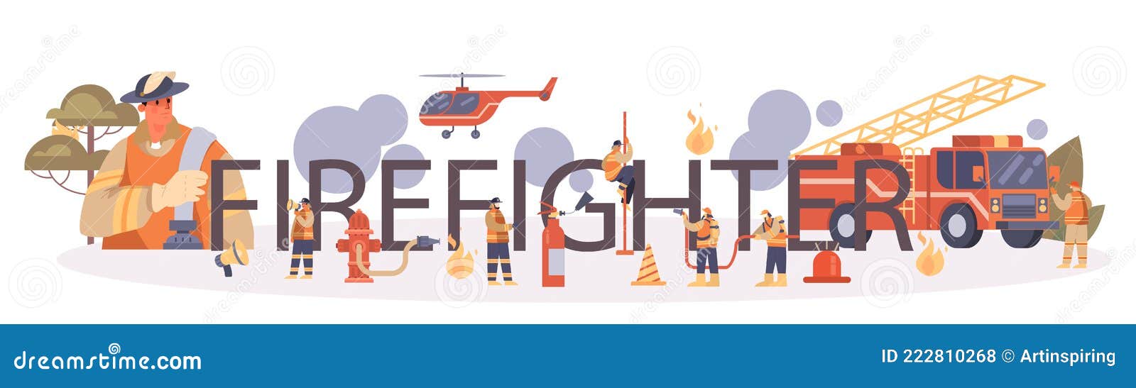 Firefighter Typographic Header. Professional Fire Brigade Fighting ...