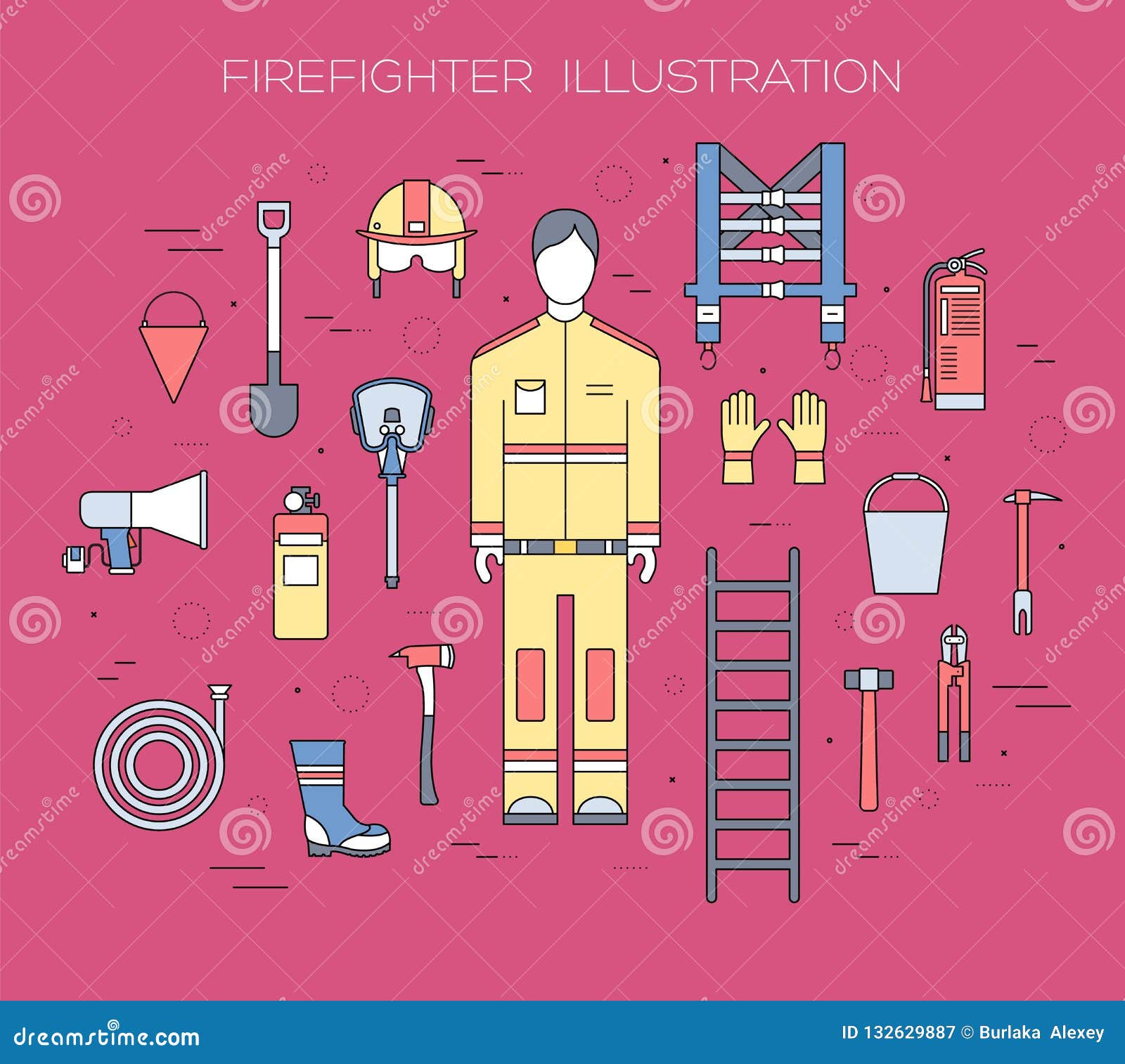 Firefighter Uniform And First Help Equipment Set And Instruments. On ...