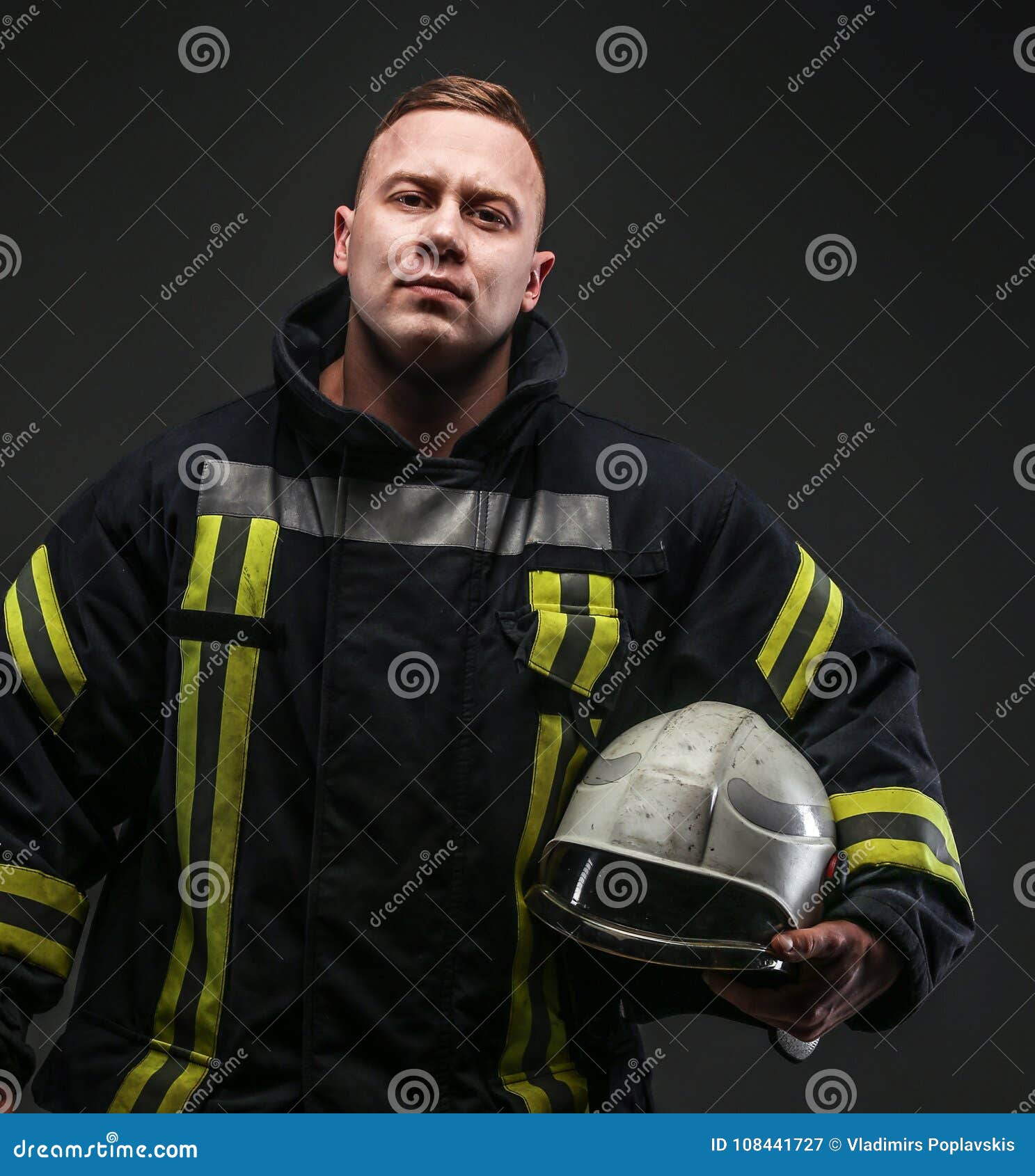Firefighter in Uniform on Grey Background Stock Image - Image of ...
