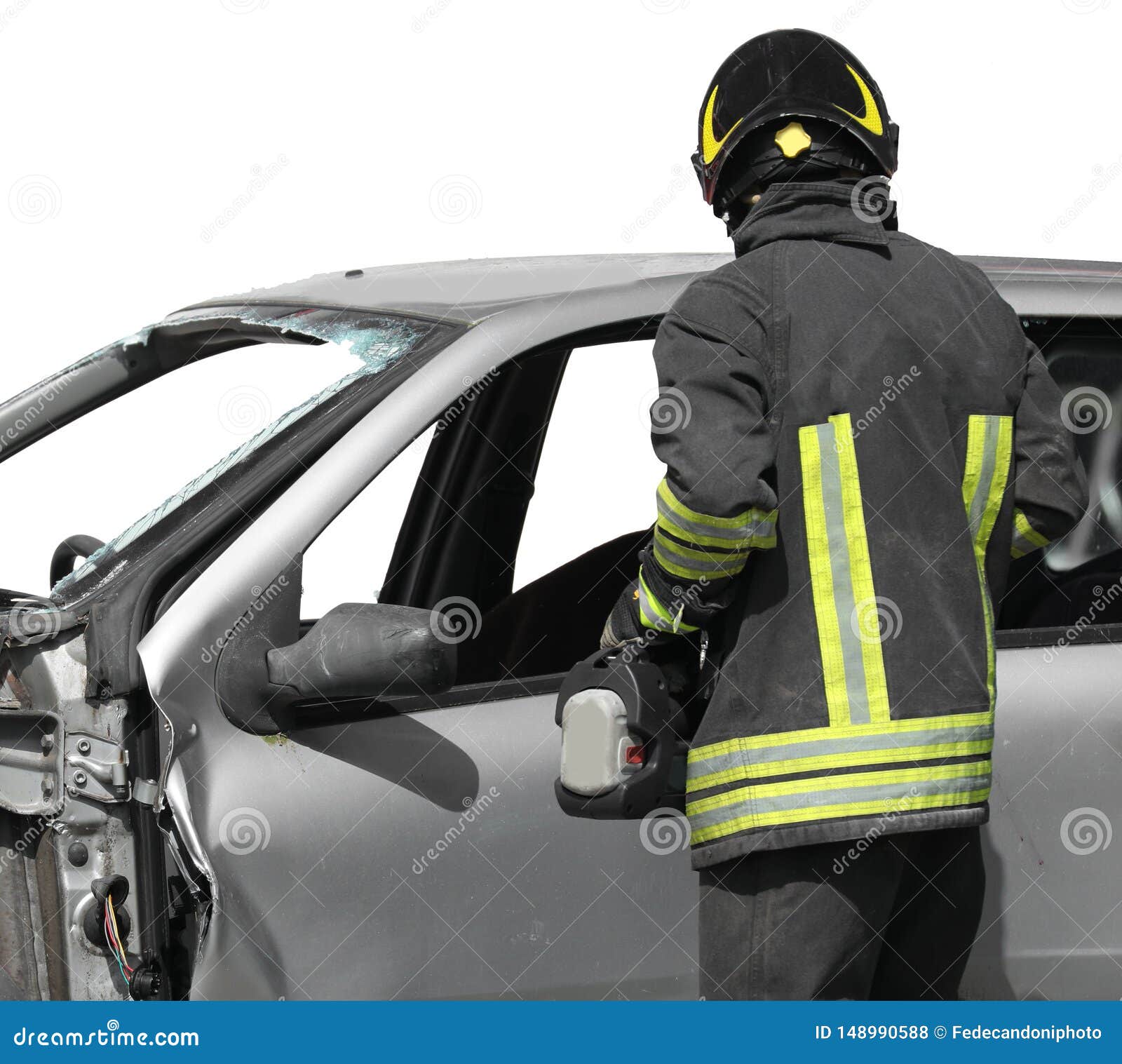 Firefighter in Uniform with Helmet and a Broken Car Stock Photo - Image ...
