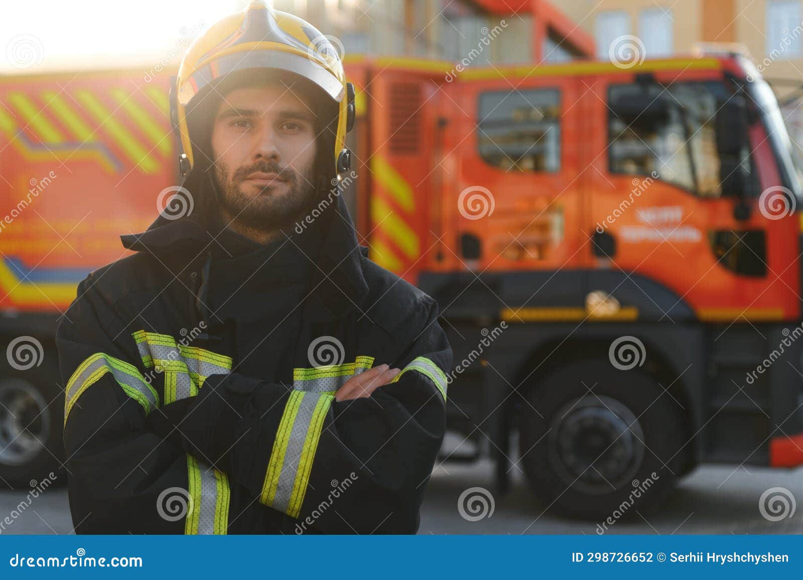 Firefighter in Uniform and Helmet Near Fire Engine Stock Photo - Image ...