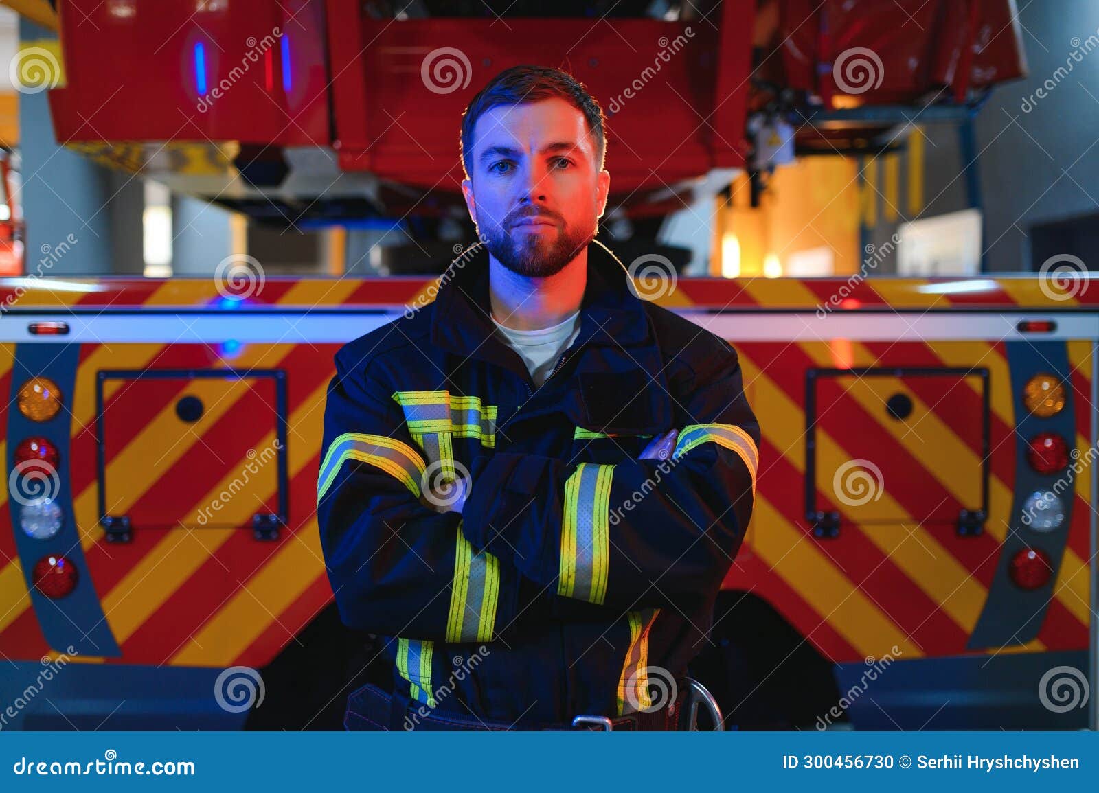 Firefighter in Uniform and Helmet Near Fire Engine Stock Photo - Image ...