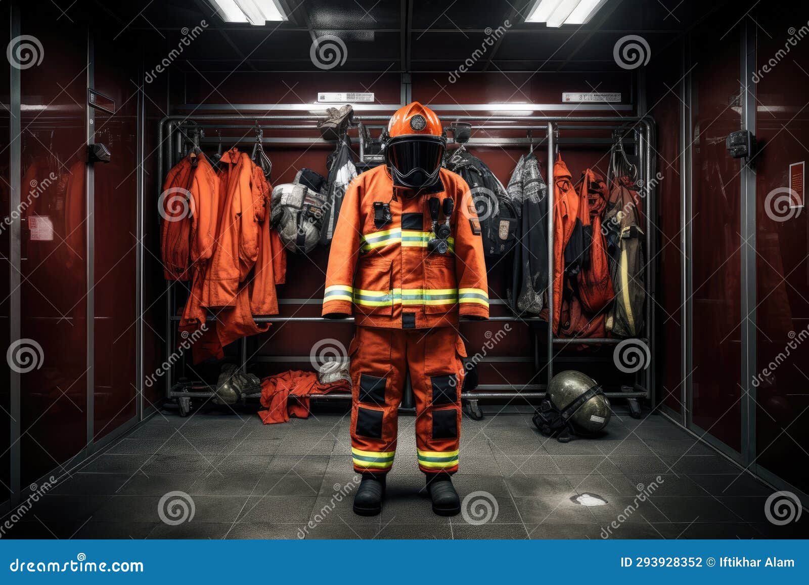 Firefighter in Uniform and Mask Standing in Front of the Fire Station ...
