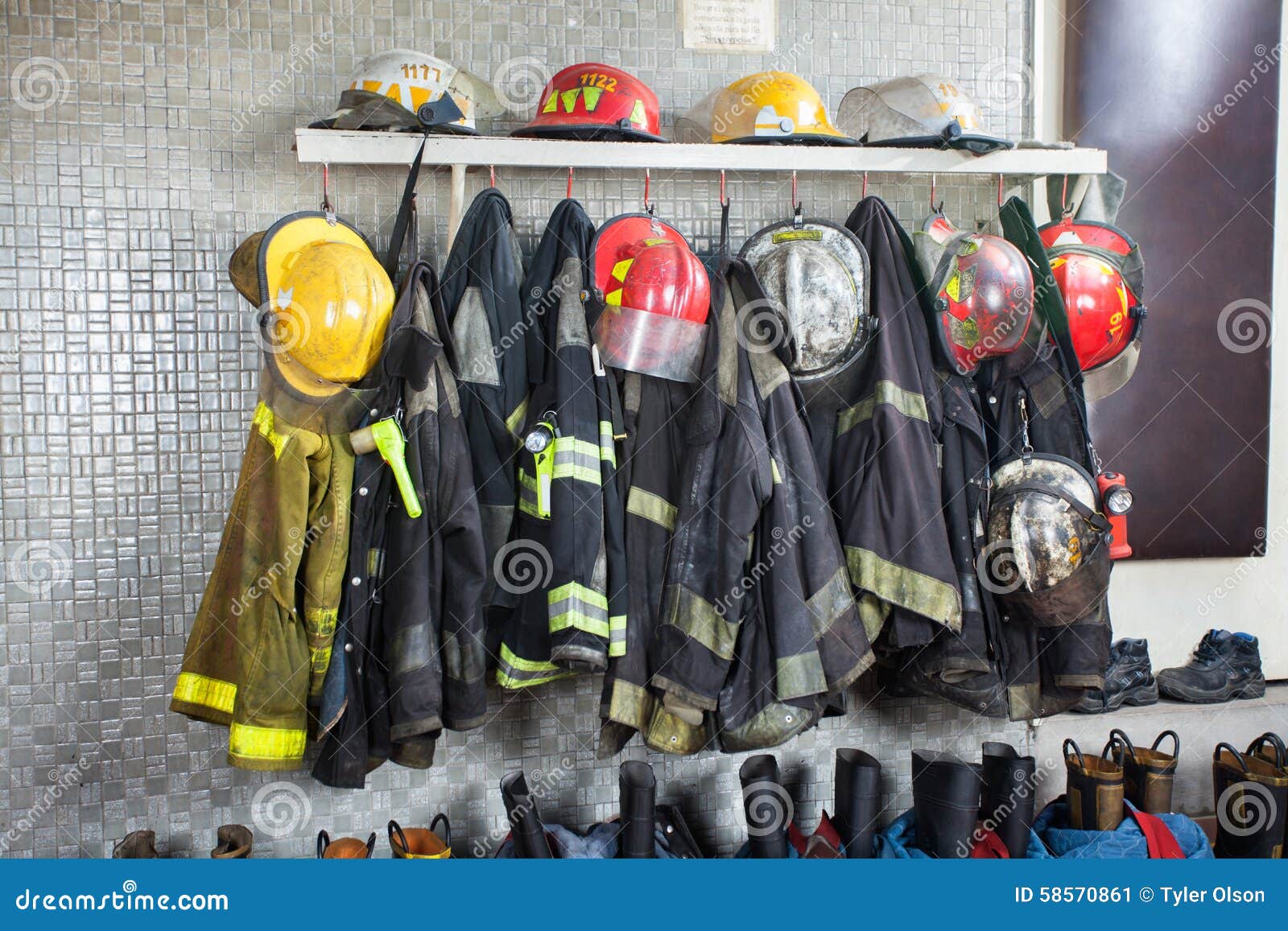 Firefighter Uniforms Arranged at Fire Station Stock Image - Image of ...