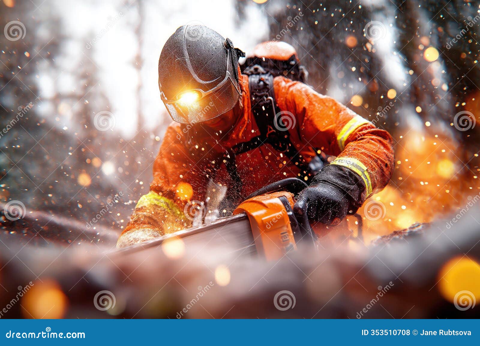Firefighter Uses Chainsaw To Clear Fallen Trees in Forest during ...