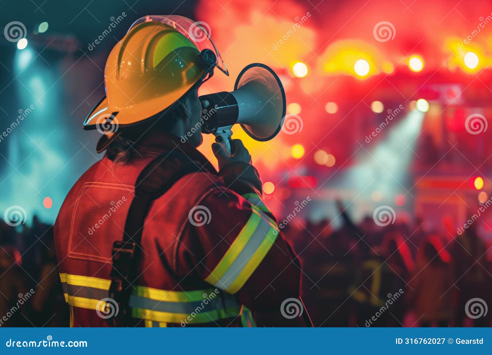 Firefighter Using Megaphone at Night Emergency Stock Image - Image of ...
