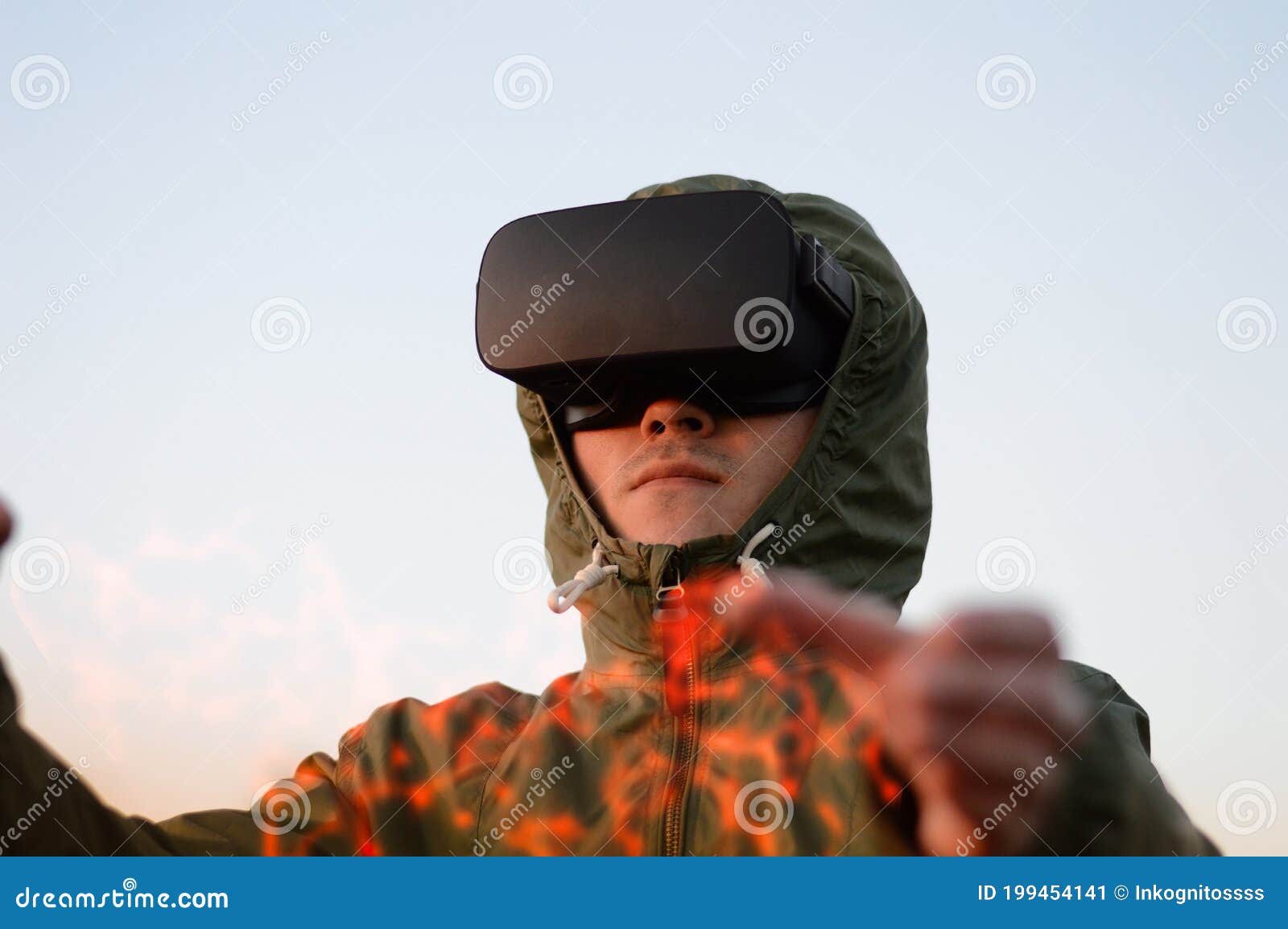Firefighter with VR Headset Enjoying Augmented Reality with Fire Stock ...