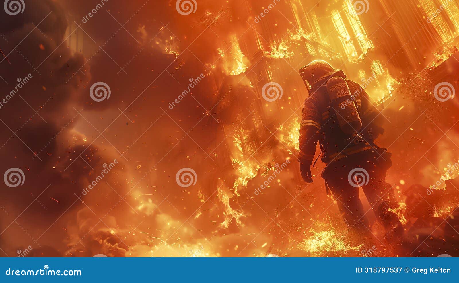 Firefighter is Walking through a Burning Building. the Fire is Orange ...