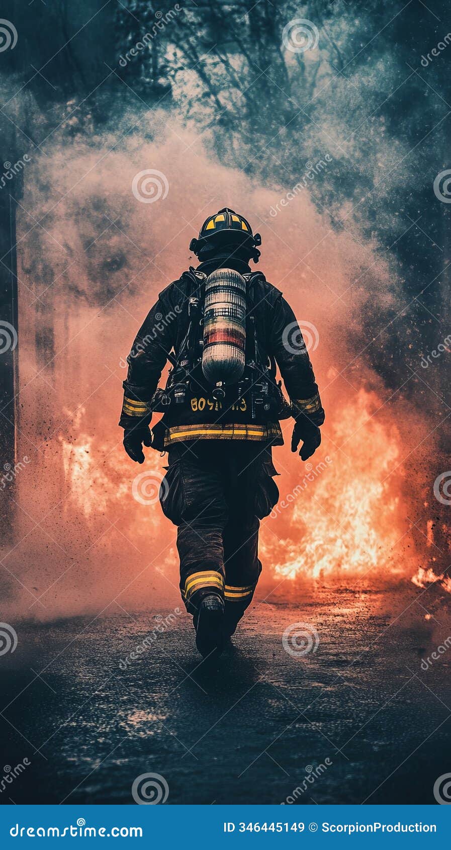 Firefighter Walking into Flames at Night Stock Image - Image of flames ...
