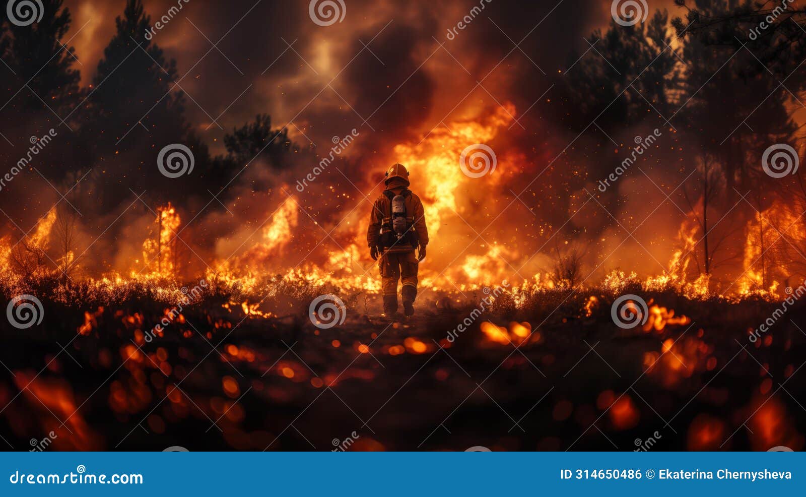 A Firefighter Walks through a Field with Burning Trees. a Strong Forest ...