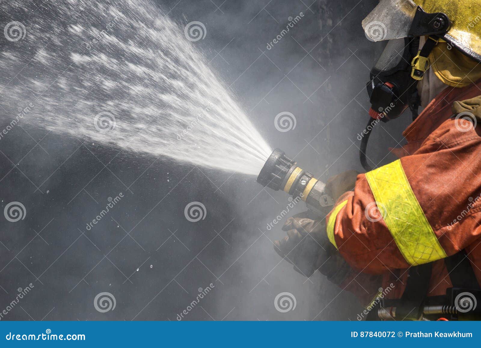 Firefighter Water Spray By High Pressure Fire Hose Surround With ...