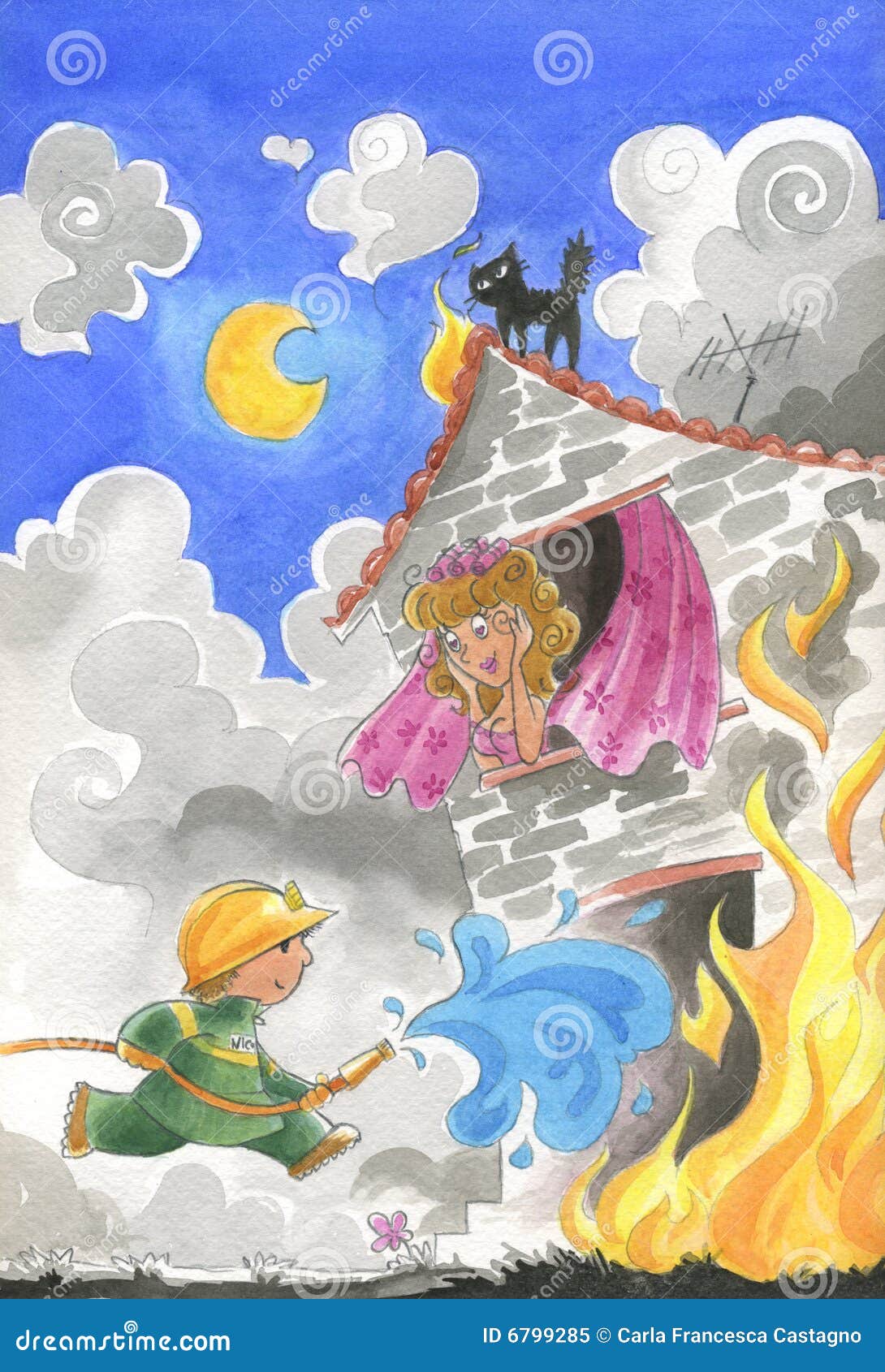 Courageous Fireman Climbing Ladder, Fire Extinguisher Helping Little ...