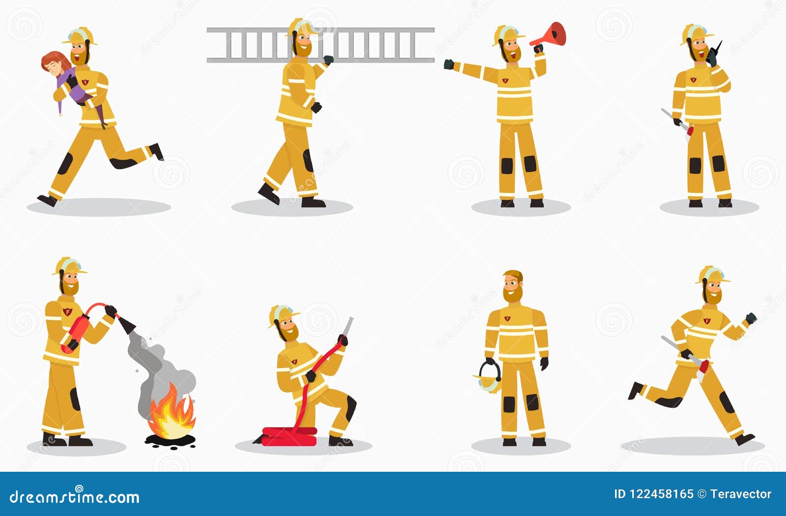 Firefighter at Work Cartoon Vector Characters Set Stock Vector ...