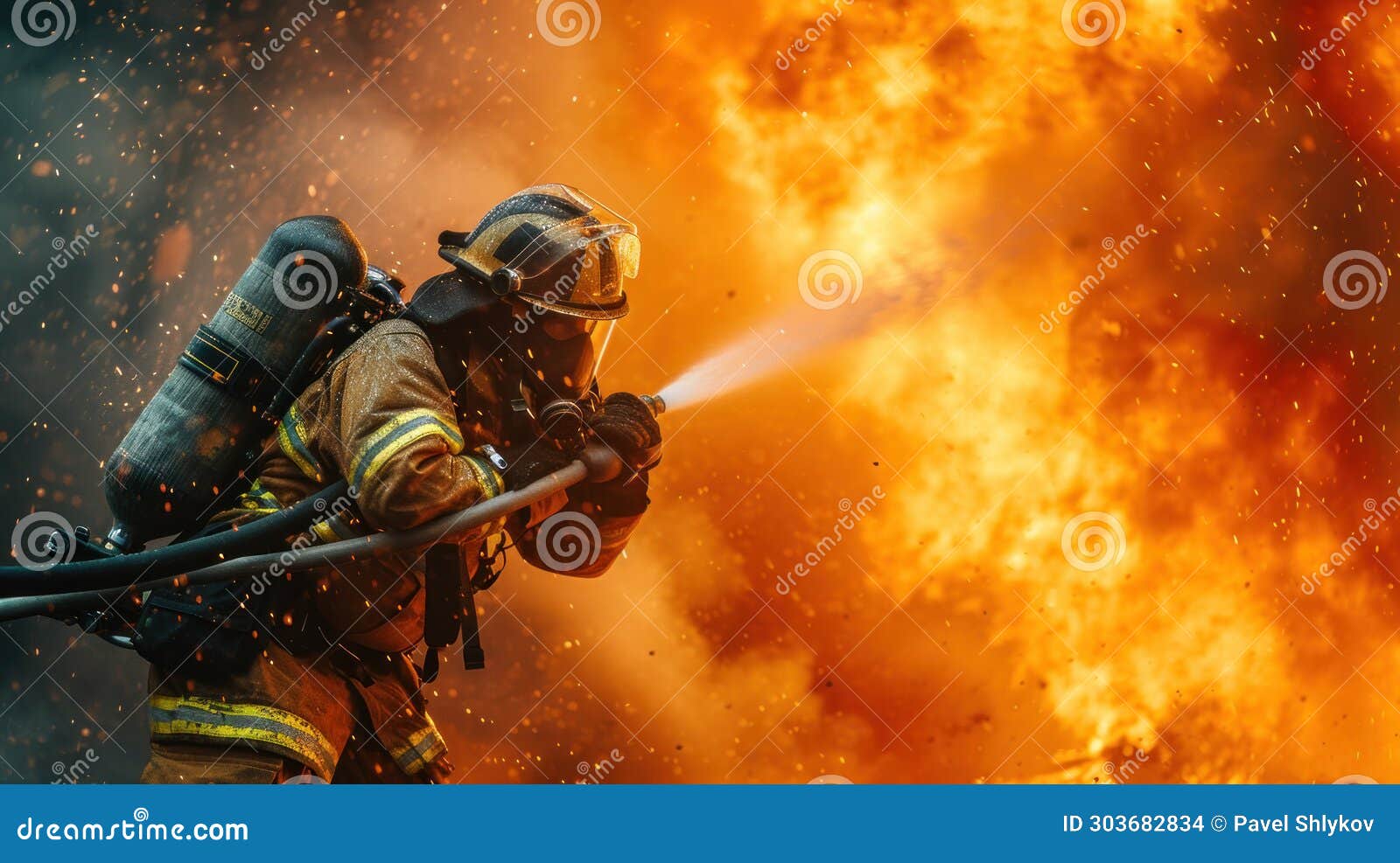 Firefighter at Work, Fireman Using Water and Extinguisher To Fighting ...