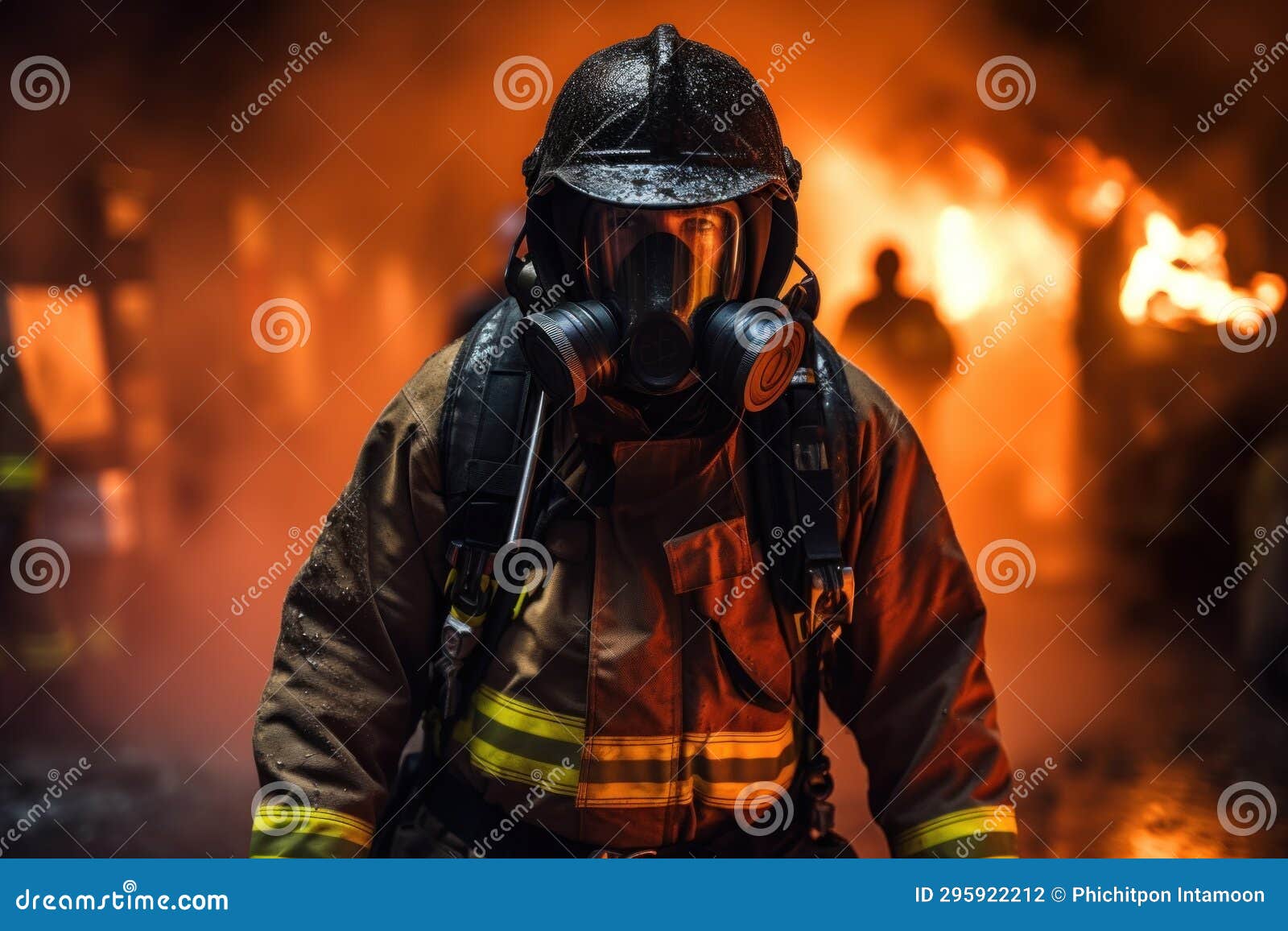 Firefighter Works on Fire, Fireman Walks Inside Burning Building ...