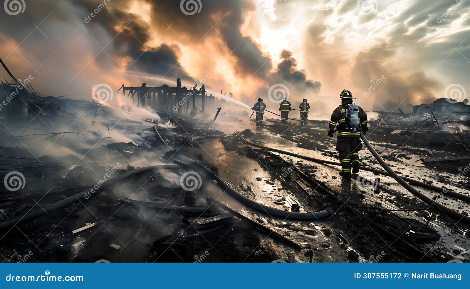 Firefighters Battle a Massive Blaze with Powerful Hoses, Amidst a ...