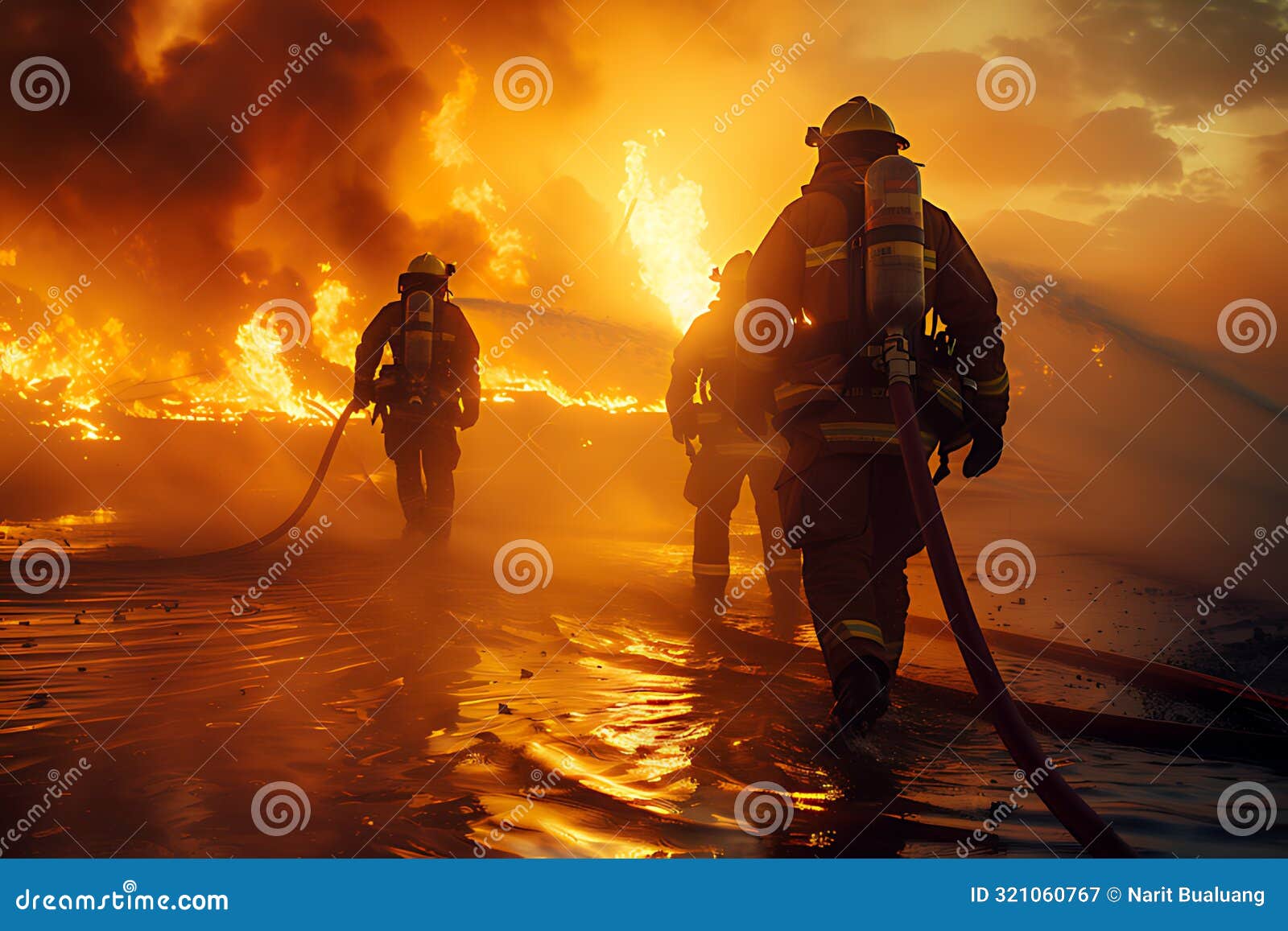 Firefighters Battle a Massive Blaze with Powerful Hoses, Amidst a ...