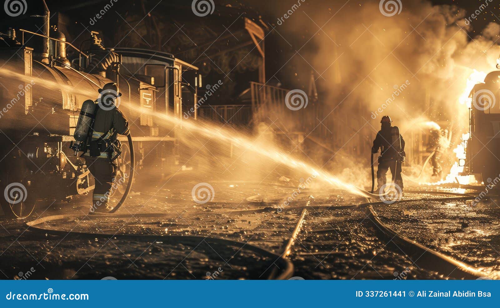 Firefighters Battling A Blaze Stock Photo | CartoonDealer.com #340927458