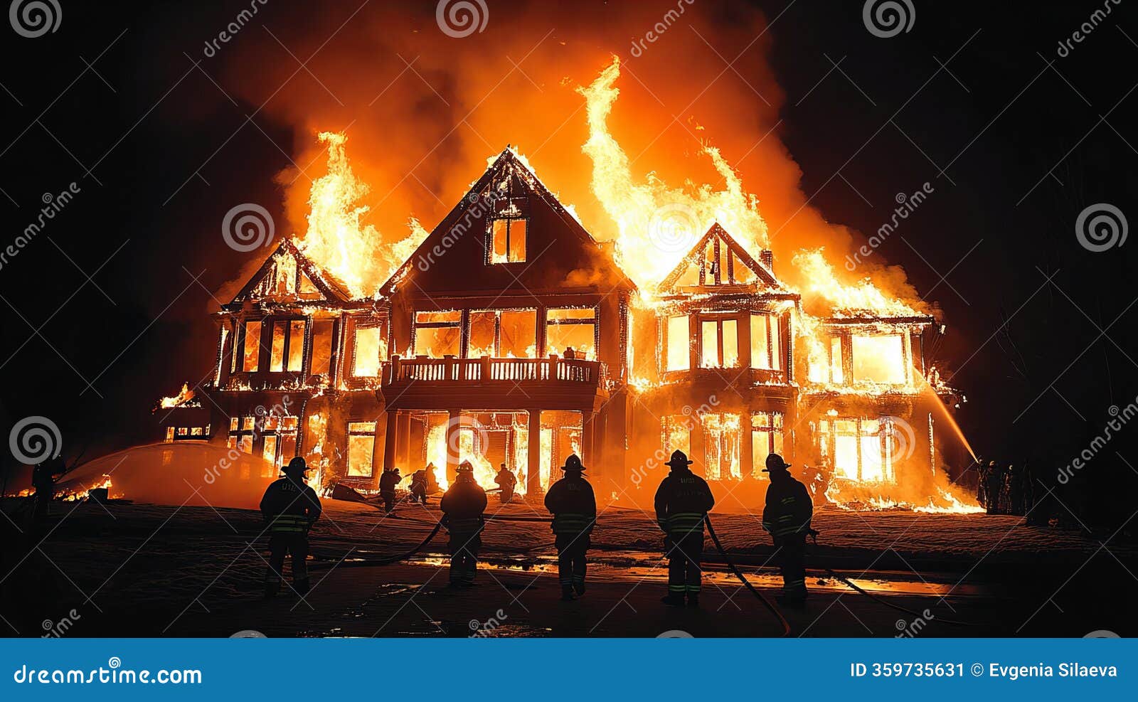 Firefighters Battling Intense Nighttime House Fire Blaze Royalty-Free ...