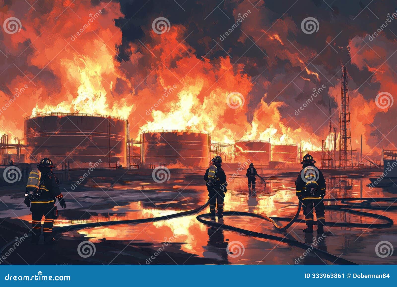 Firefighters Bravely Combatting a Massive Industrial Fire with Intense ...