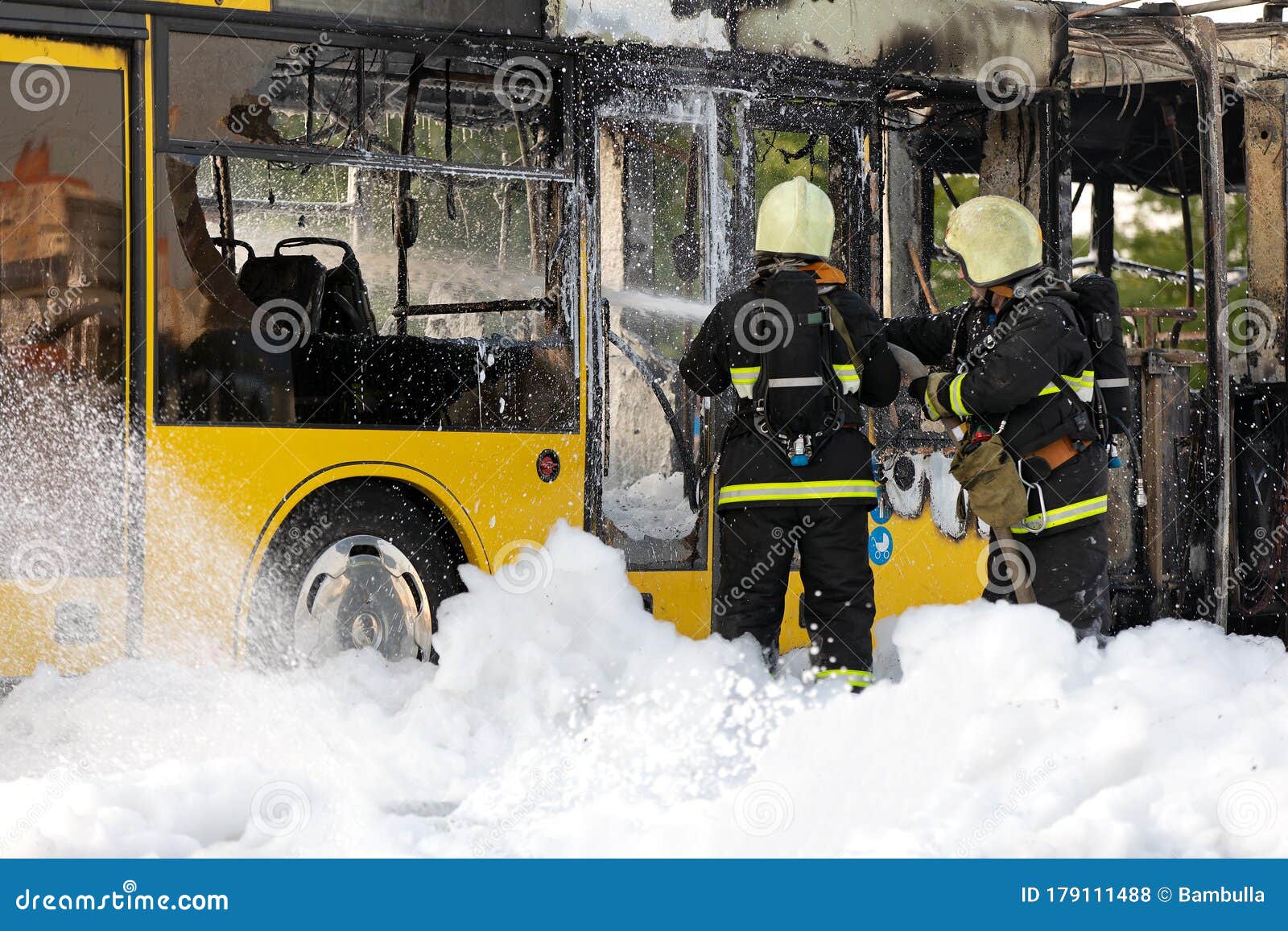 Firefighters Extinguish Burning Public Transit Bus with Foam Editorial ...